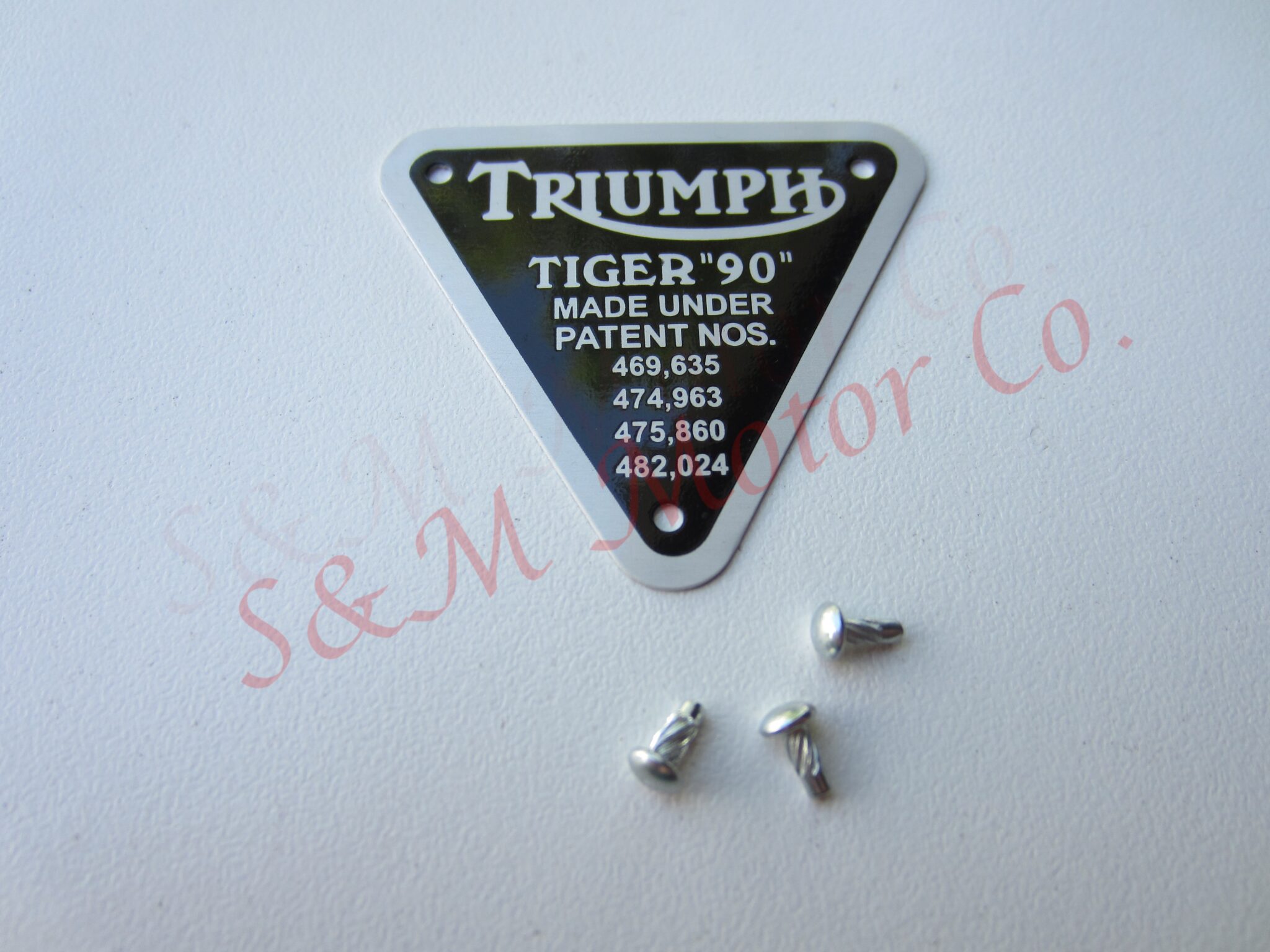 TRIUMPH ‘TIGER 90’ TIMING COVER PATENT PLATE BADGE ALLOY – S&M Motor Co.